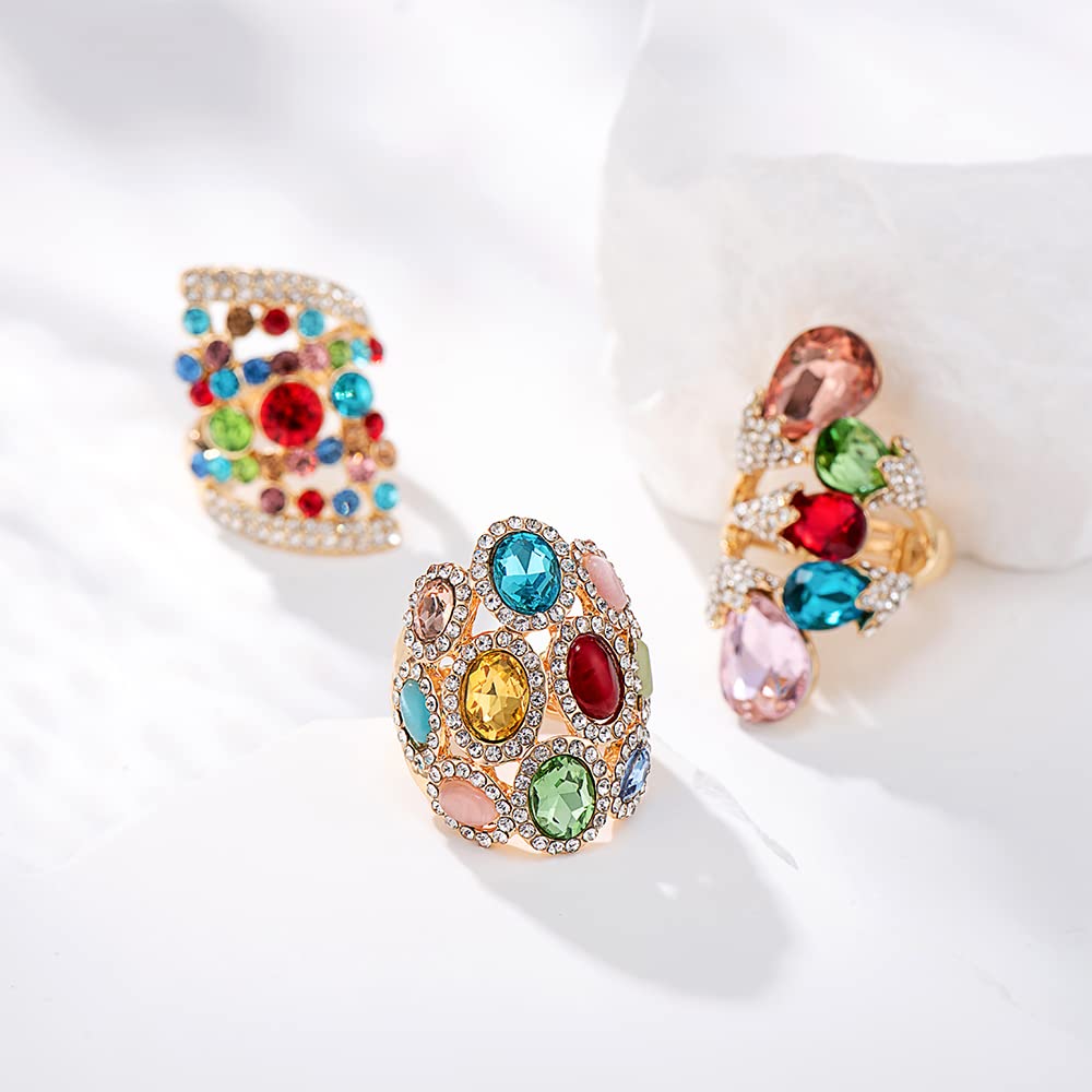 Ecesha 3 PCS/Set Gold Colorful Crystal Oval Teardrop Rhombus Cocktail Rings Set Irregular Geometric Stretch Rings for Women