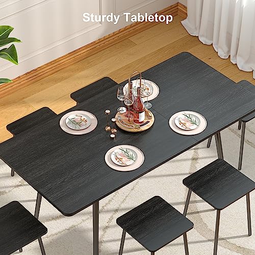 Qsun 7-Piece 63" Large Dining Table Set for 4-6 People, Extendable Kitchen Table Set with 6 Chairs, Dining Room Table with Round Corner for Small Space, Children Protective Design, Black