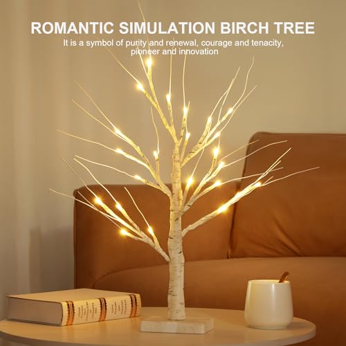 hogardeck 2FT 24LT Led Lighted Birch Tree, White Money Artificial Tree for Christmas Decorations Indoor, Battery Powered Timer Xmas Winter Home Wedding Mantle Desk Table Top Centerpieces Decor