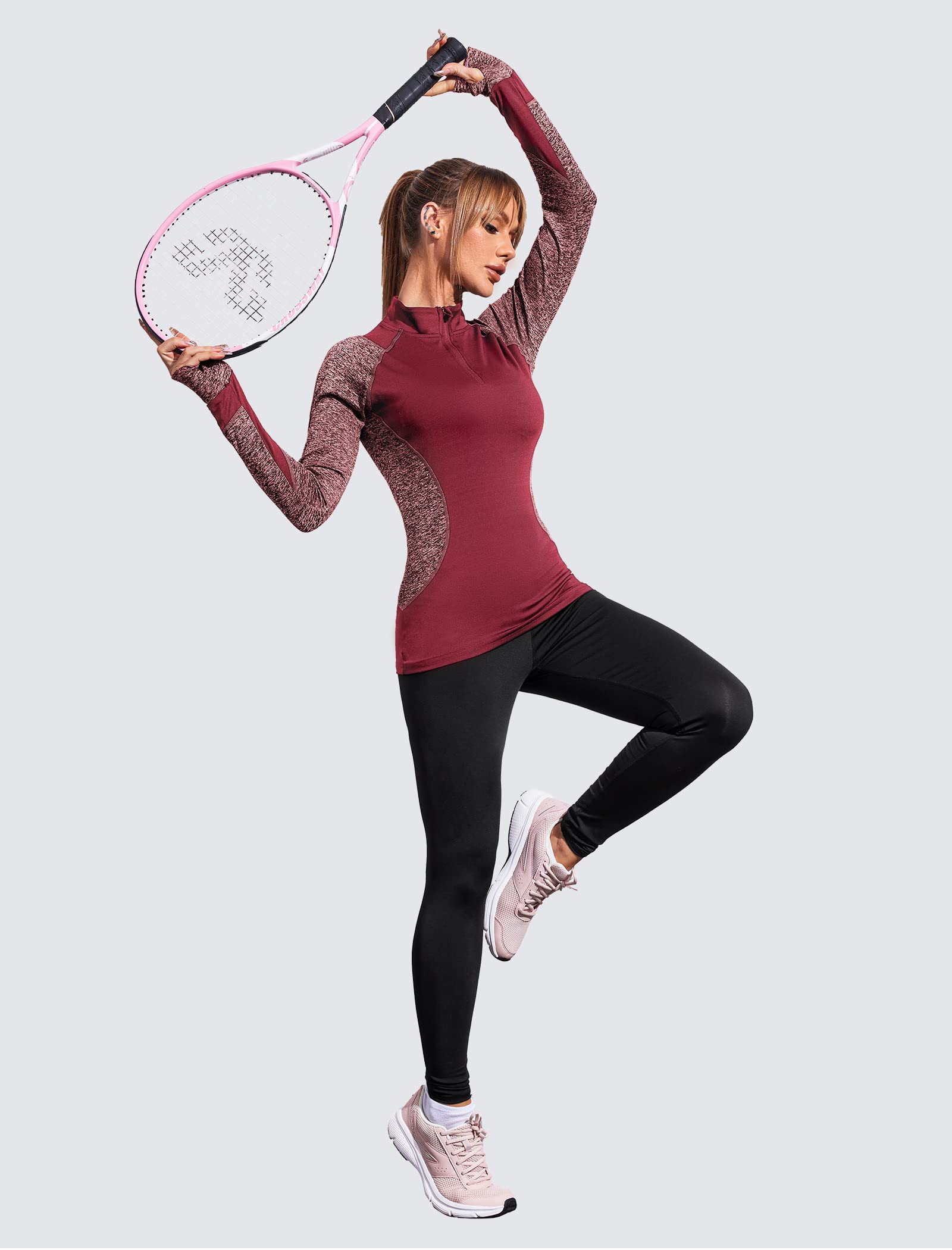 COOrun Women's Shirts Long Sleeve 1/4 Zip Pullover Athletic Hiking Running Workout Tops Quick Dry Shirt with Thumbhole Wine Red XX-Large
