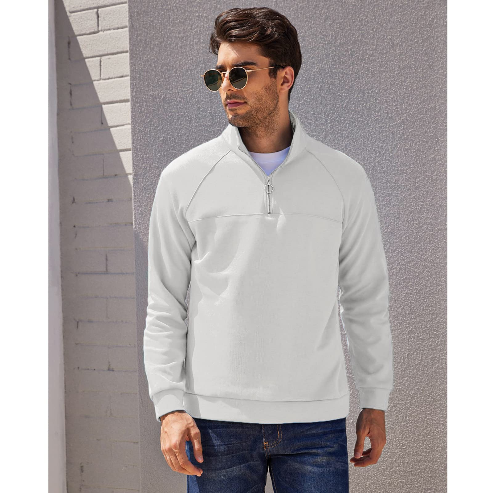 COOFANDY Men's Quarter Zip Pullover Lightweight Regular Fit Long Sleeve Mockneck Sweatshirt White