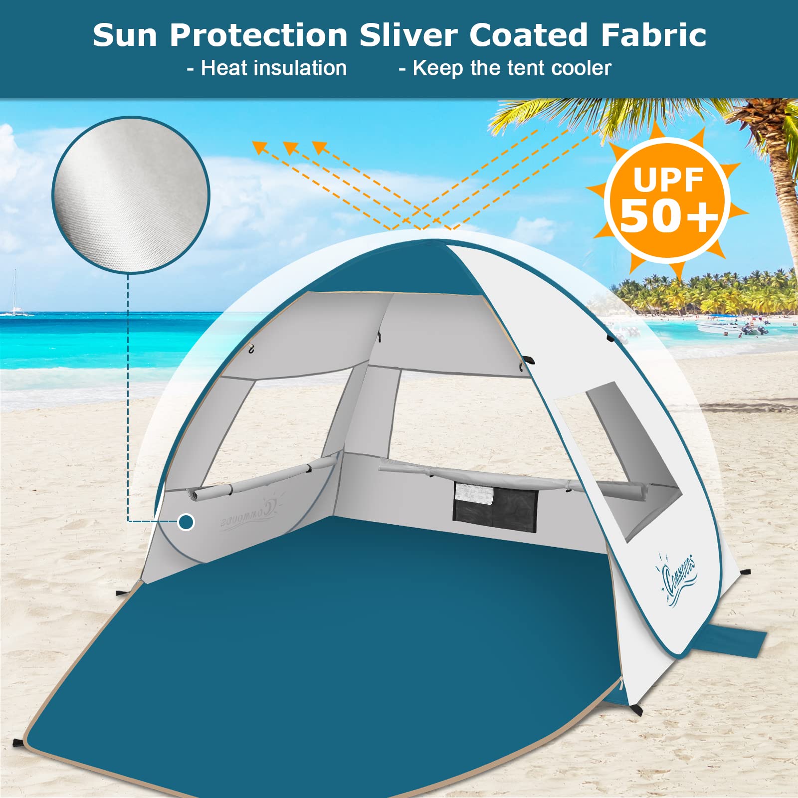 COMMOUDS Large Pop Up Beach Tent for 3-4 Person, UPF 50+ Beach Sun Shade, Automatic Beach Sun Shelter Umbrella with Carry Bag, Lightweight and Easy Set Up