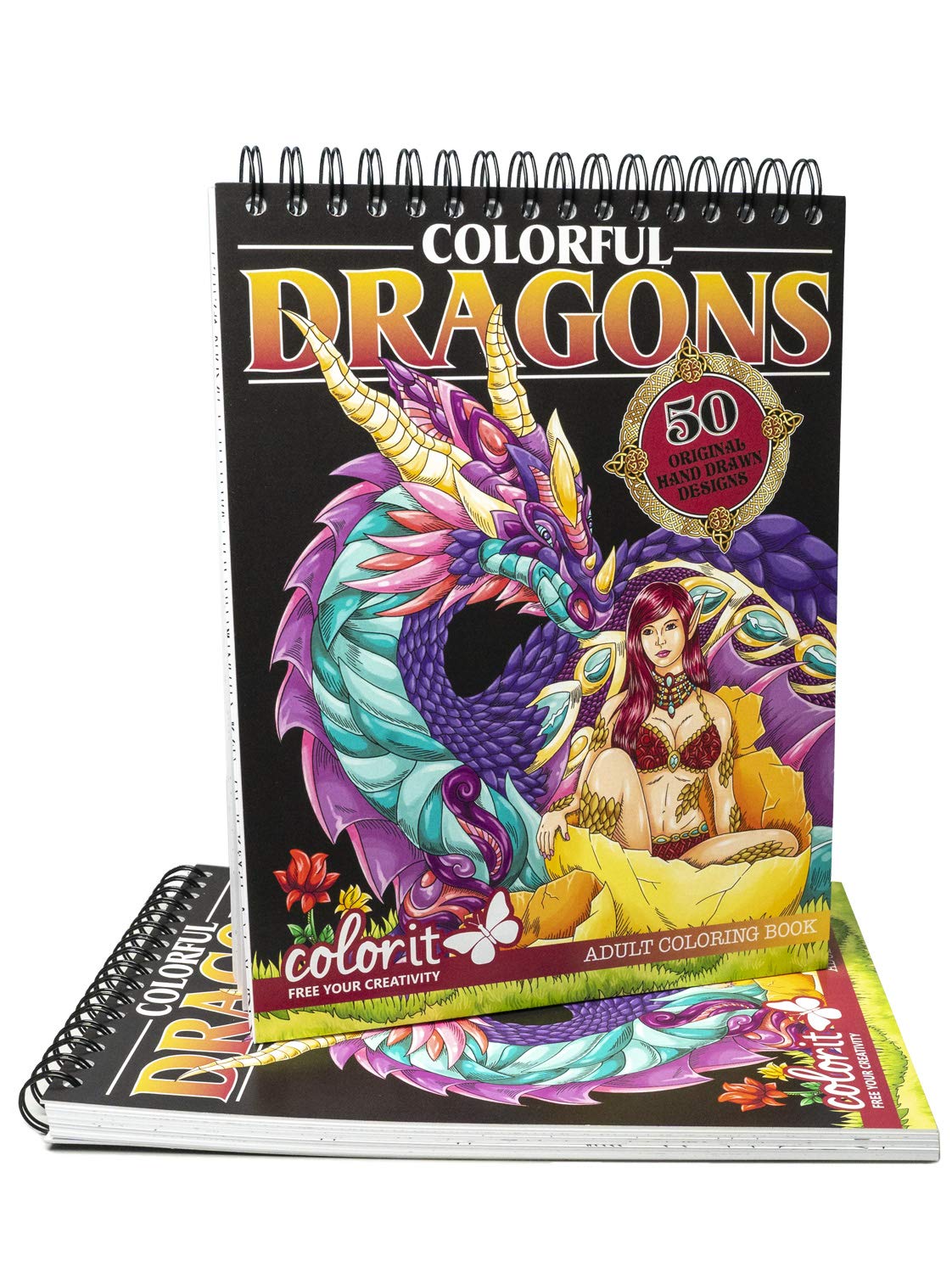 ColorIt Colorful Dragons Adult Coloring Book - 50 Single-Sided Designs, Thick Smooth Paper, Lay Flat Hardback Covers, Spiral Bound, USA Printed, Dragon Pages to Color (Volume I)