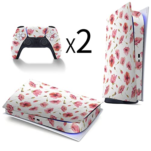 Flowers of Poppy Full Protective Skin Cover Design Wrap Decal Sticker Compatible with PS5 Digital Edition Console and Controller