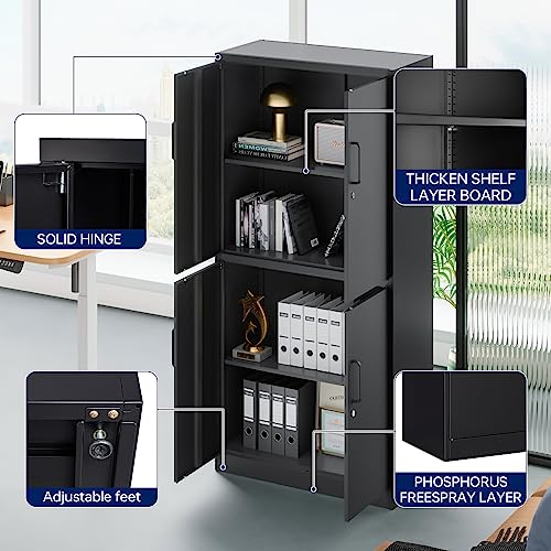 Yizosh Metal Storage Locking Cabinet with 4 Doors and 2 Adjustable Shelves,71" Lockable Garage Tall Steel Cabinet,for Home Office,Living Room,Pantry,Gym,Commercial Storage (Black)