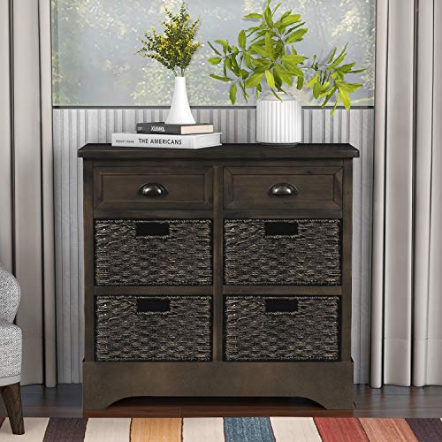 Merax Brown Morden Farmhouse Wood Storage Cabinet with Four Classic Rattan Basket Buffet Sideboard Brownrd for Kitchen/Dining Entryway/Living Room Light Grey, One