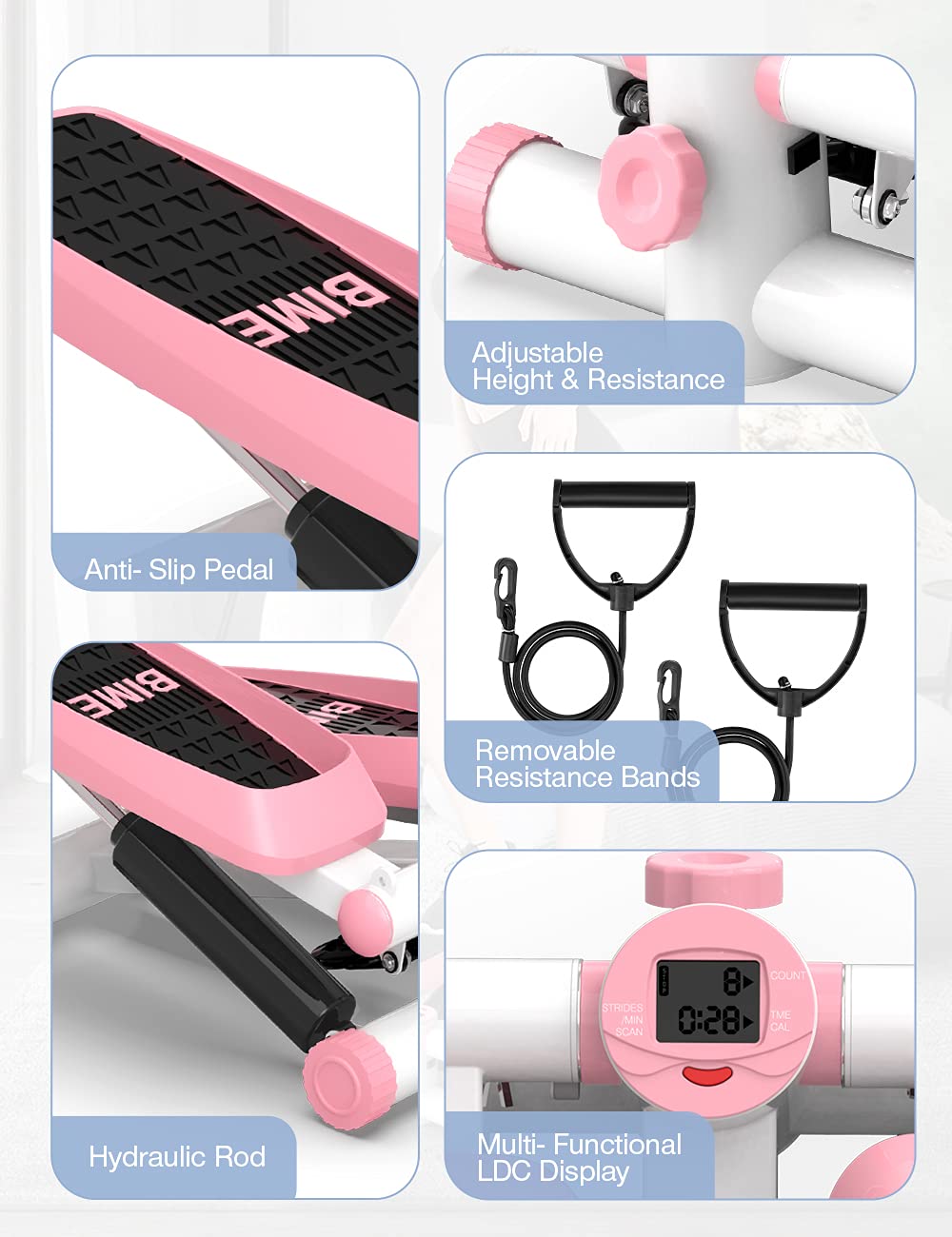 DACHUANG Mini Exercise Stepper, Stair Steppers with Resistance Bands, Fitness Stepper Exercise Machine with LCD Display Aerobic Step Fitness Machines for Home Office Workout Light Pink
