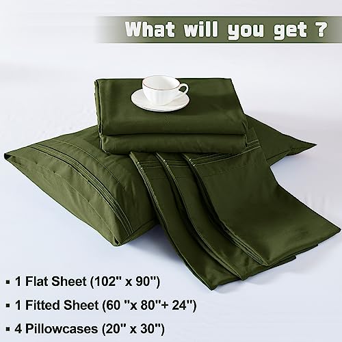 Homiest Extra Deep Pocket Queen Size Sheets Set, 6 Pieces Soft Olive Green Sheets 18-24 Inch Deep Pocket Bed Sheets, Hotel Luxury 1800 Thread Count Microfiber Bed Set Fits Ultra Deep Mattress