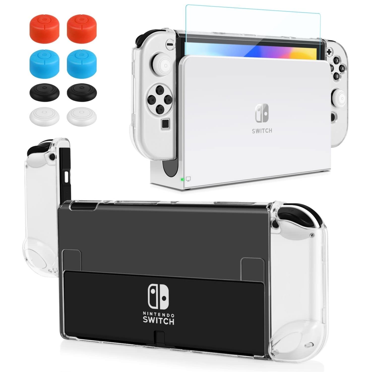 TNP Dockable Case for Nintendo Switch OLED Clear Case Protector - Transparent Oled Switch Skin Protective Grip Case with Screen Protector and 8 Thumb Caps for Nintendo Switch OLED Accessories 2021