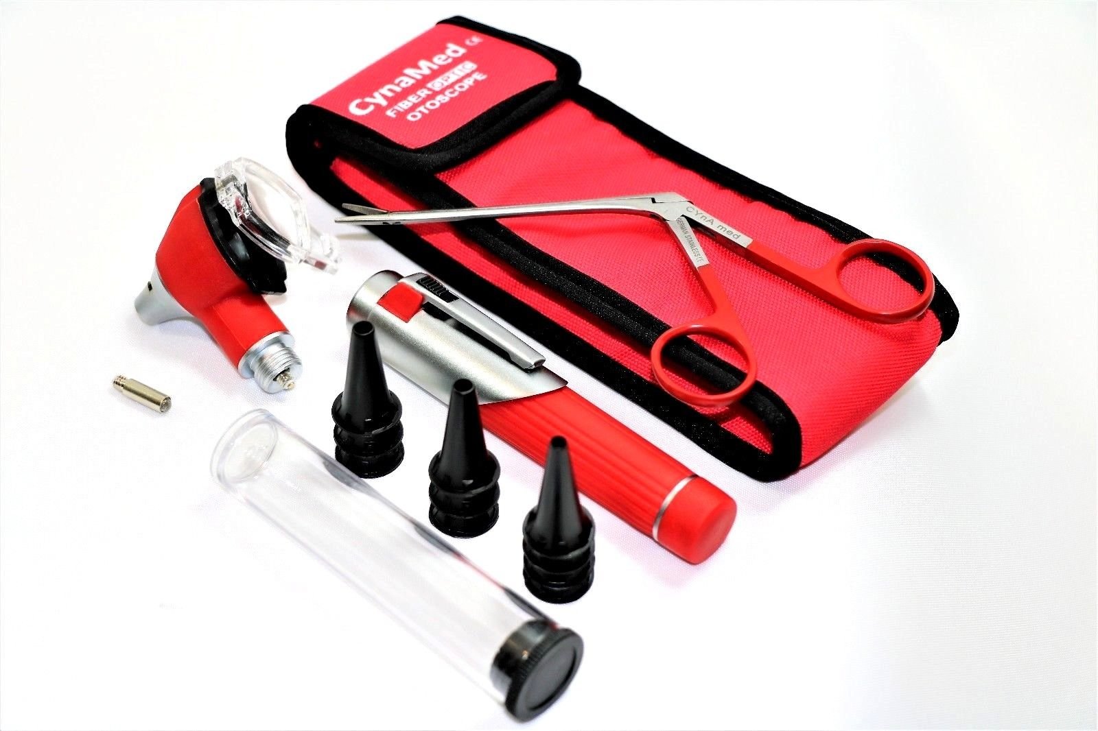 Premium Student Home Use Led Bright Light ENT Diagnostic Otoscope Pocket Size Red Plus Alligator Ear Nose Forceps Plus 1 Extra Replacement Bulb Cynamed