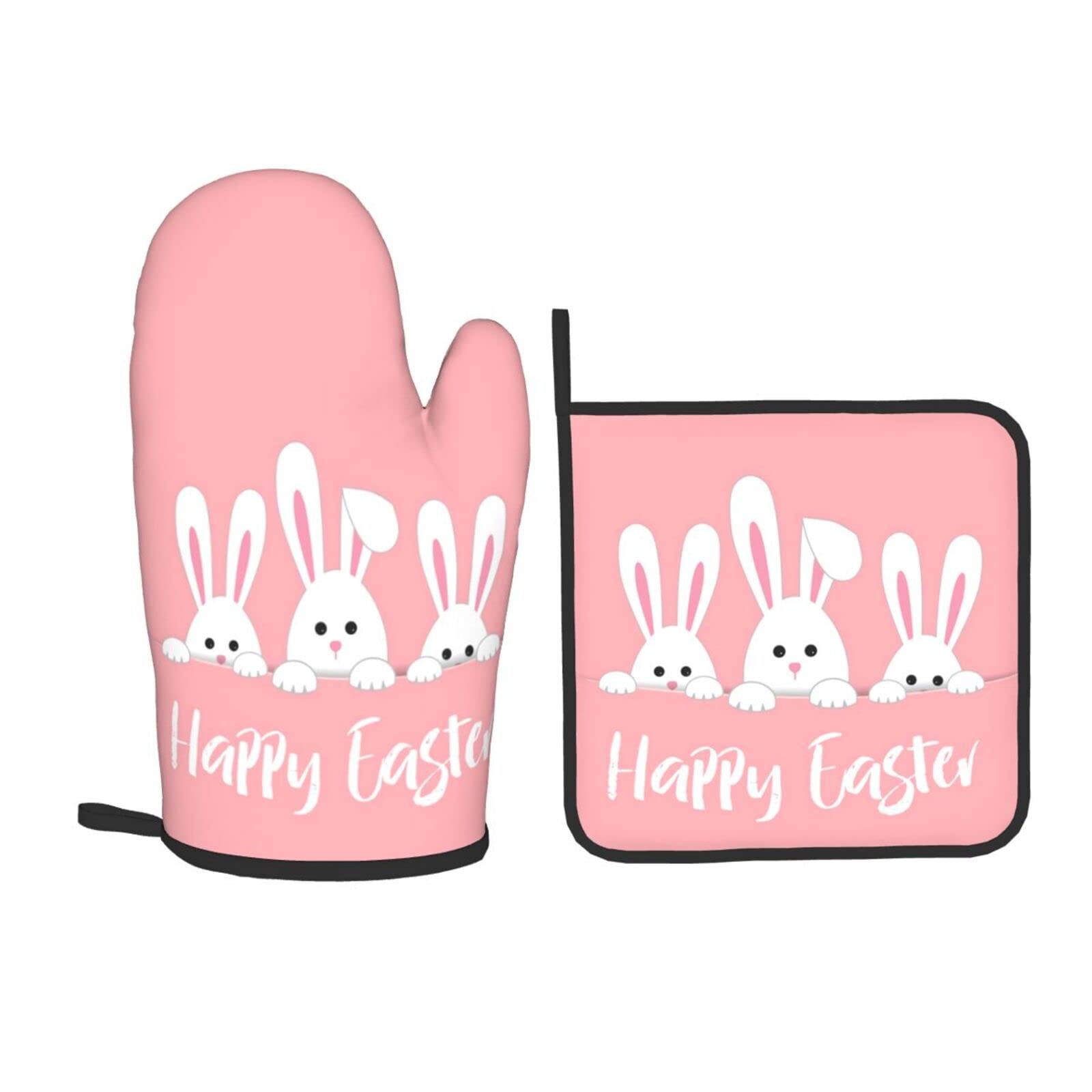 DRAYTSO Happy Easter Oven Mitts and Pot Holders Set, Spring Colorful Egg Heat Resistant Kitchen Set Oven Gloves Non-Slip Potholders for Cooking Baking Grilling Gifts Microwave Gloves Hot Pad, Black