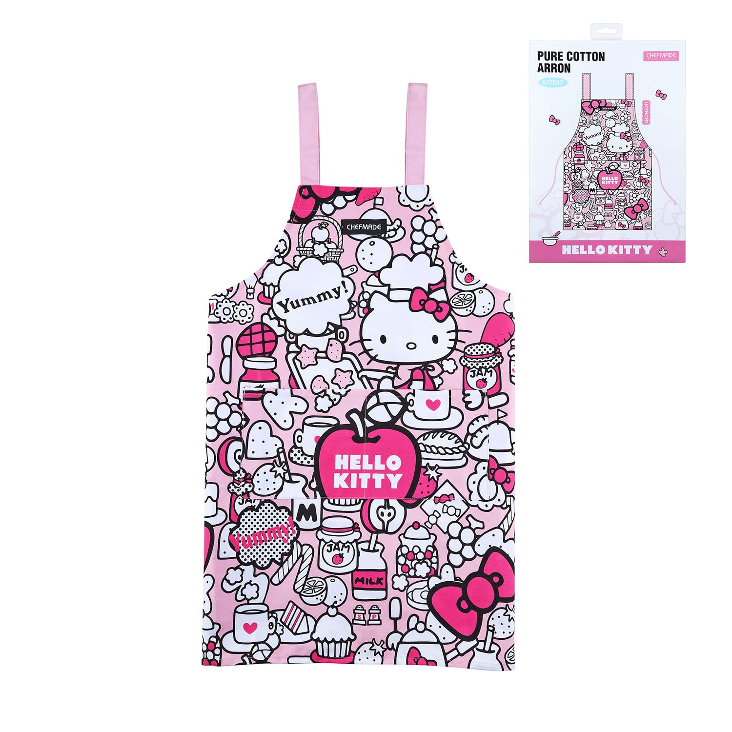 CHEFMADE Hello Kitty 100% Cotton Apron with Gift Box, Adjustable Cross Back Dress with 2 Pockets Kitchen Aprons, Kitty Camouflage Kitchen Print for Baking Cooking Drawing Gardening BBQ & Grill