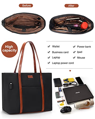 Laptop Tote Bag for Women Teacher Work Office USB Bags Fits 15.6 inches Laptop Lightweight Water Resistant Nylon Tote Bag (Black and Brown Strap)