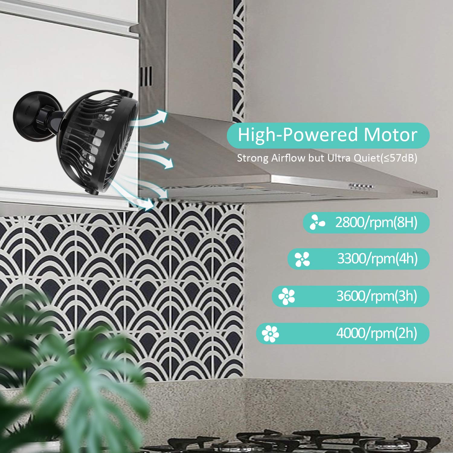 COMLIFE Battery Operated Kitchen Fan with Suction Cup, 2200mAh Capacity Rechargeable Wall Fan, Personal USB Fan with Strong Airflow, 4 Speeds, 360°Rotation, Must Have for Kitchen Cooking In Summer