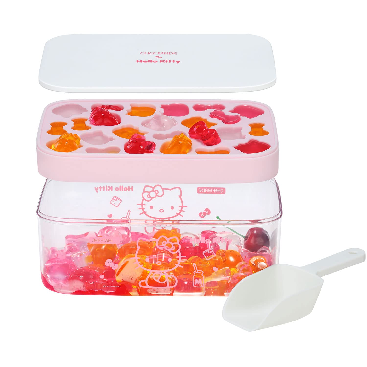 CHEFMADE Hello Kitty Ice Cube Tray with Lid container & scoop, Easy-Release Silicone & Flexible 24pcs cute kitty Ice Cubes for Chingling Cocktail and Milk Tea (Pink)