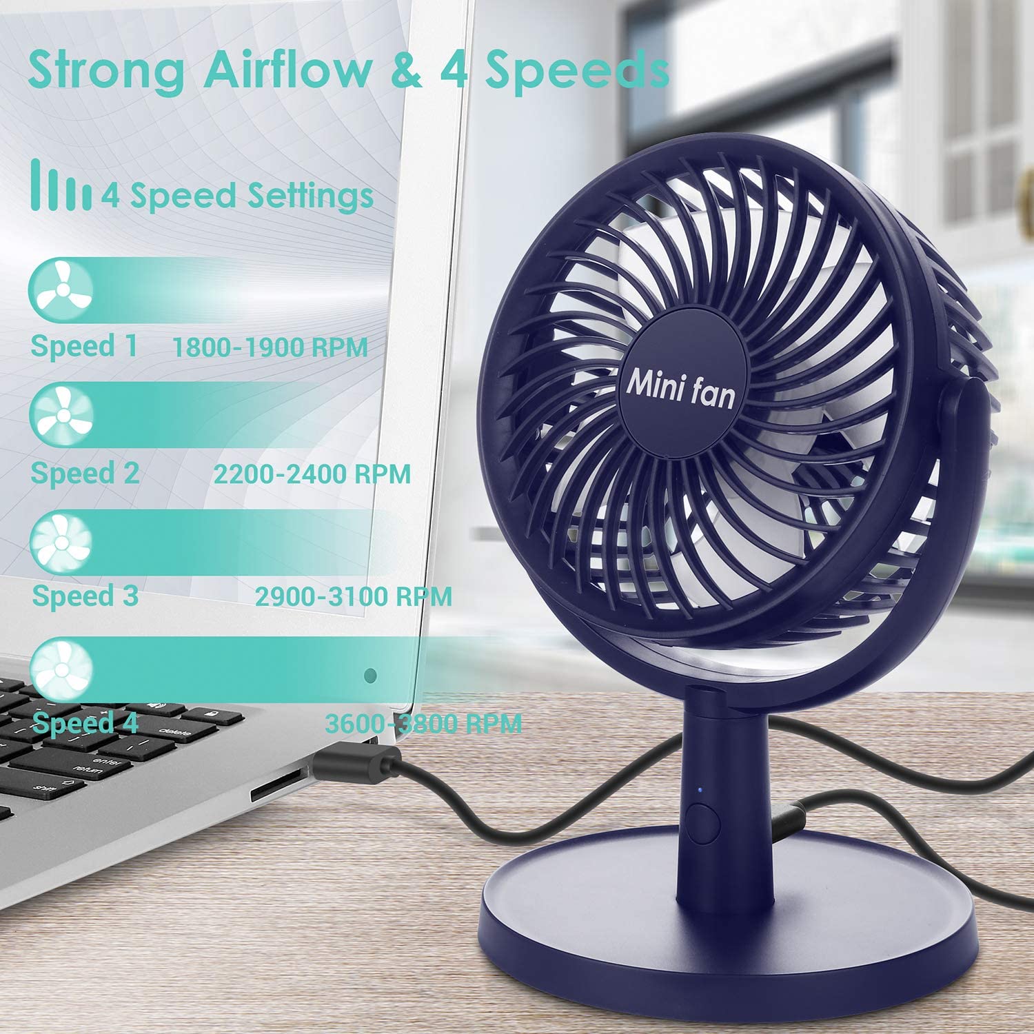 COMLIFE Mini Desk Fan, USB Operated Fan with 4 Speeds, Strong Airflow, Ultra Quiet Operation, 310° Adjustment, Portable Personal Fan for Home Office Desktop (Blue)