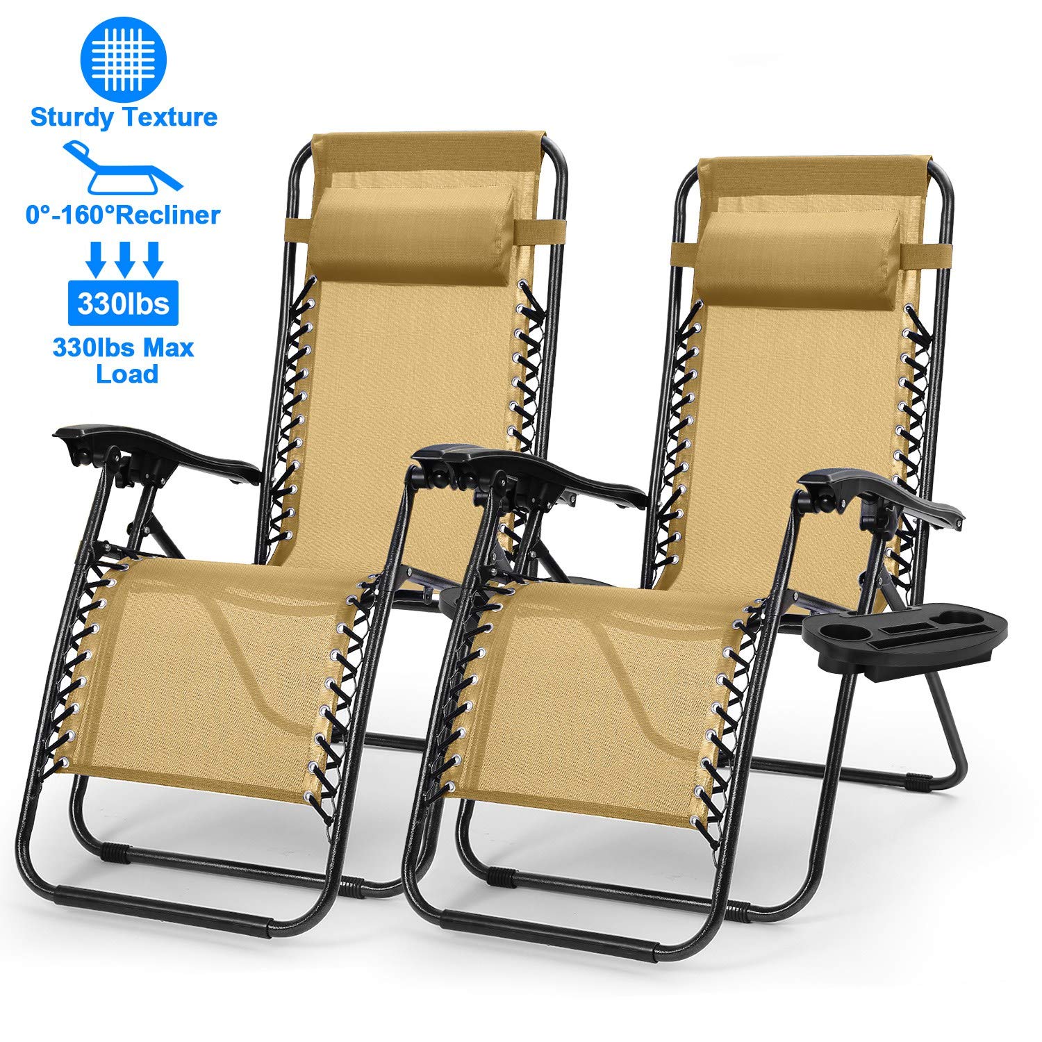 iMounTEK Set of 2 Adjustable Zero-Gravity Reclining Outdoor Lounge Chairs w/Pillows & Cup Holder Side Tray, Supports 330lbs, for Patio, Porch, Deck, Poolside, Beach, Lawn, Yard - Black/Blue/Brown/Tan