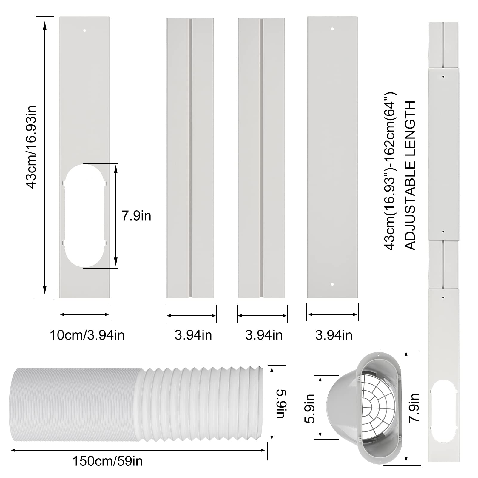 Foancie Portable AC Window Vent Kit with 5.9” Exhaust Hose & Coulper, Universal Window Seal for Portable Air Conditioner, Adjustable AC Duct Kit for Sliding Horizontal & Vertical Windows