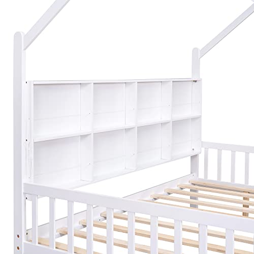 MERITLINE Full Size House Bed for Kids, Wooden Kids Bed Frame with Drawers & House Roof Frame, House-Shaped Bed with Storage Shelf & Slat Support, No Box Spring Needed (White)