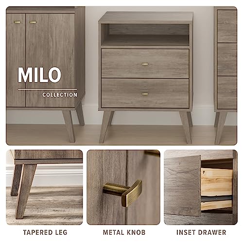 Prepac Milo Mid-Century Modern 2 Drawer Nightstand, Bedside Table, Contemporary Bedroom Furniture, 16"D x 25"W x 25"H, Drifted Gray