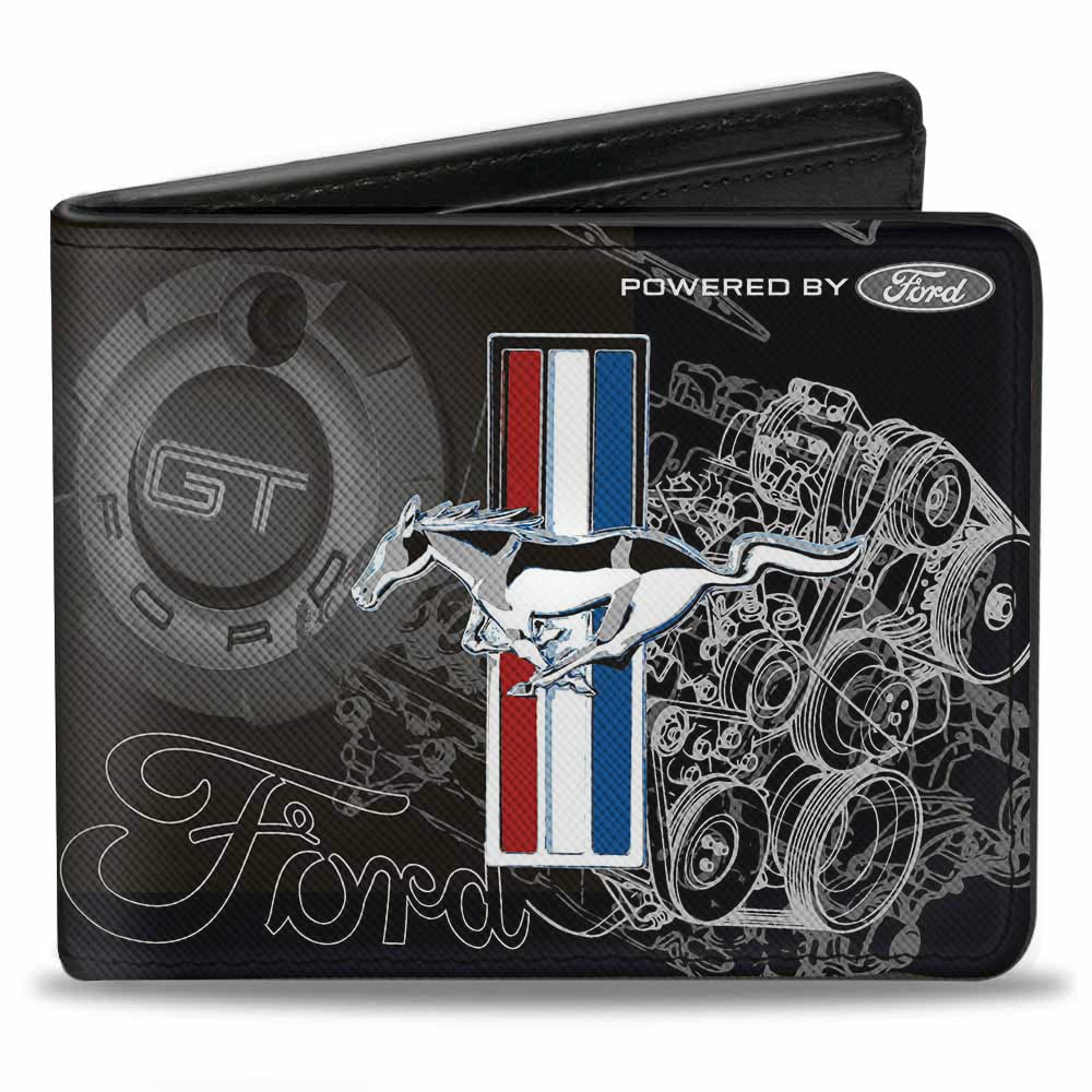 Buckle-Down Men's PU Bifold Wallet-Mustang Tri-Bar Stripe/GT Motor Blueprint, Multicolor, 4.0" x 3.5"