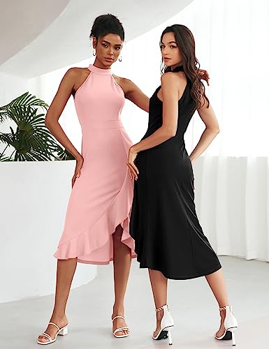 MEROKEETY Women's Sexy Halter Neck Sleeveless Evening Dress Slim Split Mermaid Prom Dresses,Black,XL