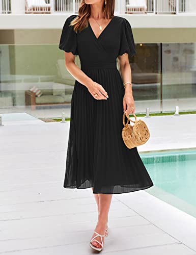 MEROKEETY Womens 2023 Summer Puff Sleeve Wrap V Neck Pleated Flowy Midi Dress for Wedding Guest,Black,M