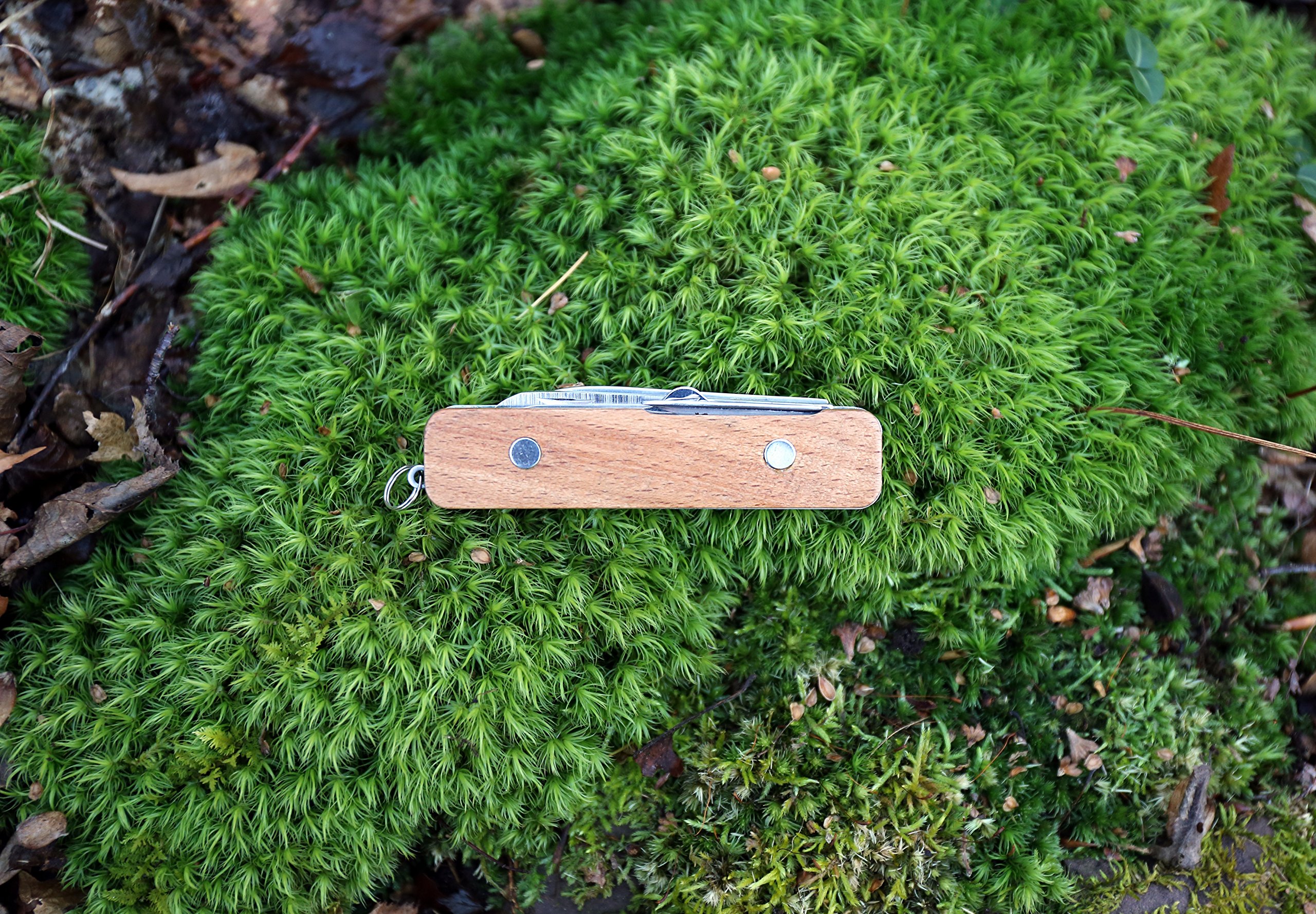 Kikkerland Huckleberry First Pocket Knife, Compact 4 in 1 Tools, Lightweight, Wood Handle, Stainless Steel, Keyring, For Camping, Hiking and Fishing