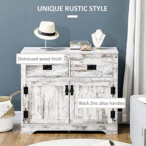 HOMCOM Industrial Sideboard Buffet Cabinet with 2 Drawers Kitchen Storage Cabinet Coffee Bar Cabinet with Double Door Cupboard for Kitchen, Living Room, Distressed White