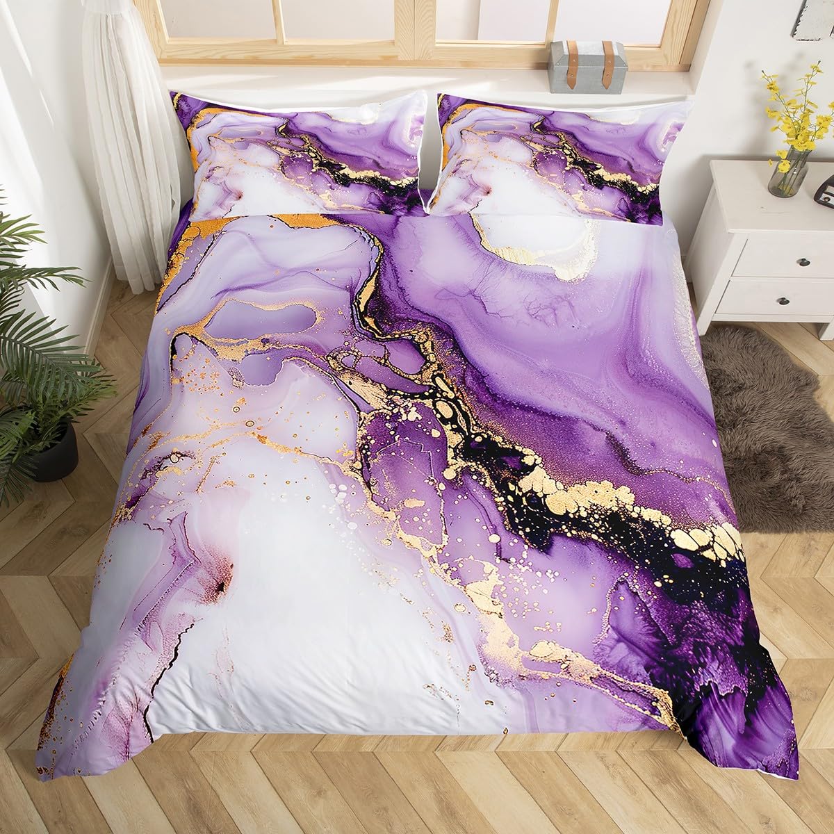 Erosebridal Abstract Marble Comforter Cover Purple Watercolor Bed Set, Mountain Fluid Duvet Cover Queen Size Gold Metallic Bedding Set, Stone Pattern Bedspread Cover Geometric Artwork Decor
