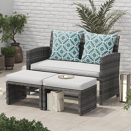 OC Orange-Casual Outdoor Loveseat Patio Furniture Rattan Conversation Set with Ottoman, White Cushions, Grey Wicker, Pillows Included