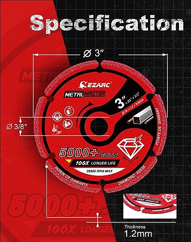 EZARC Diamond Cutting Wheel 3 x 3/8 Inch for Metal, Cut Off Wheel with 5000+ Cuts on Rebar, Steel, Iron and INOX