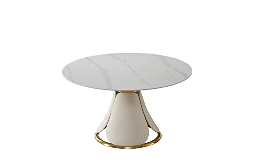 HomSof Modern Sintered Stone Round Dining Table Set with Stainless Steel Base with 6 pcs Chairs, 7 Pieces, White+Grey