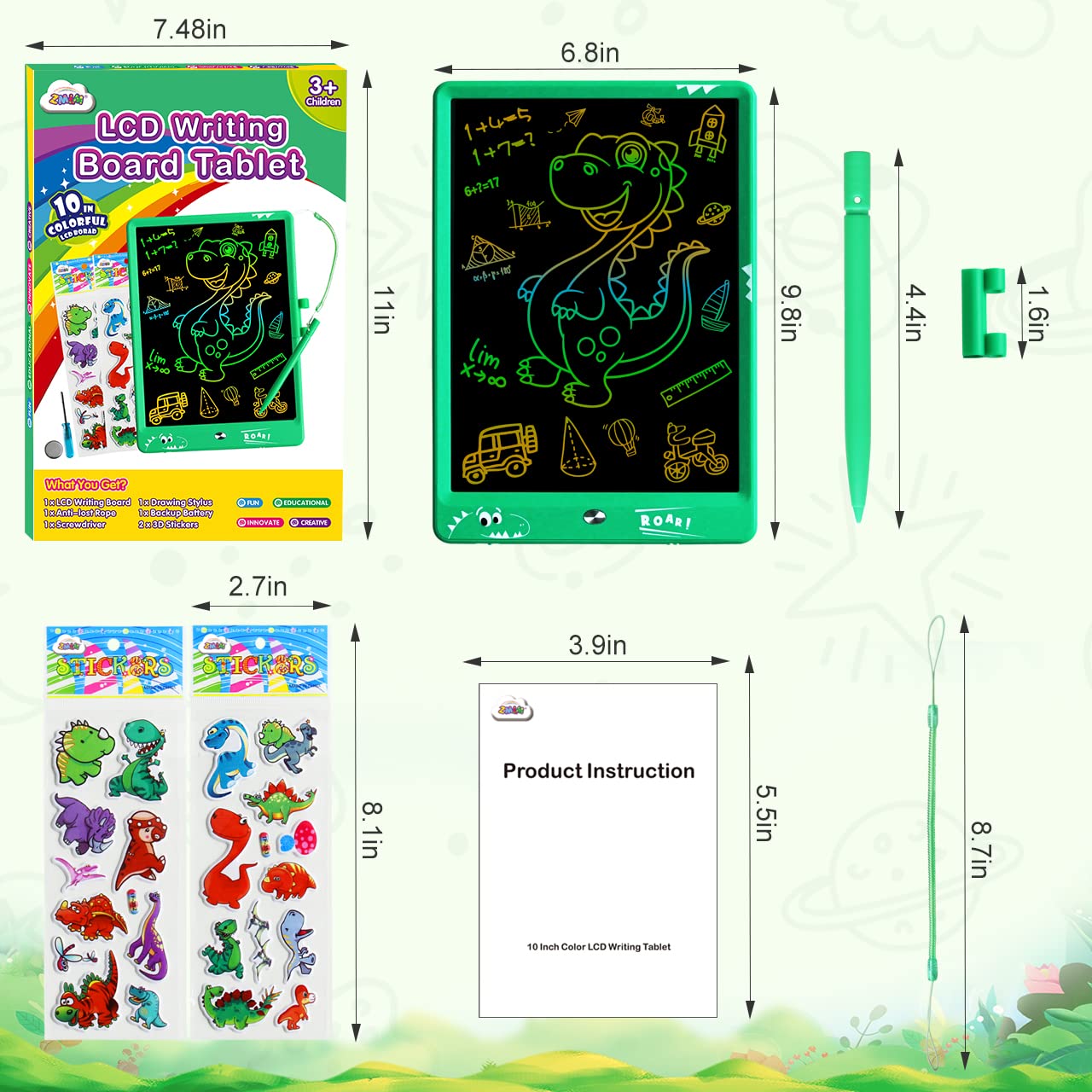 ZMLM LCD Writing Tablet Doodle Board: 10 Inch Boys Girls Toy for Age 3-12 Gift | Erasable 120,000+, Drawing, Counting, Spelling Learning Board for Birthday Valentines Day Gifts, Green Dinosaurs
