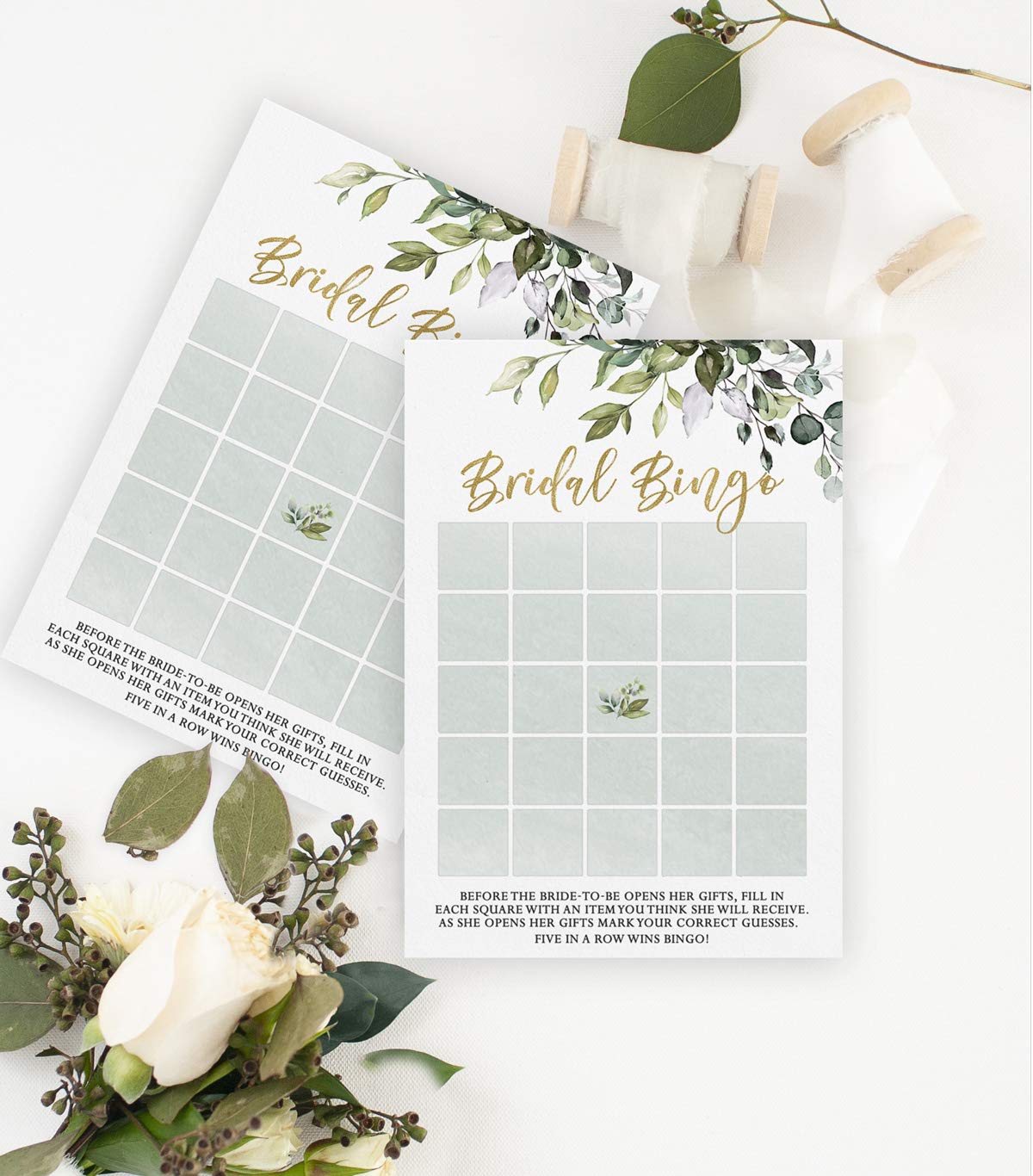 Printed Party Bridal Shower Games – Bingo Game with Blank Squares to Guess The Bride’s Gifts, Fun Wedding Shower Activity, Botanical Eucalyptus Theme, 50 Guests