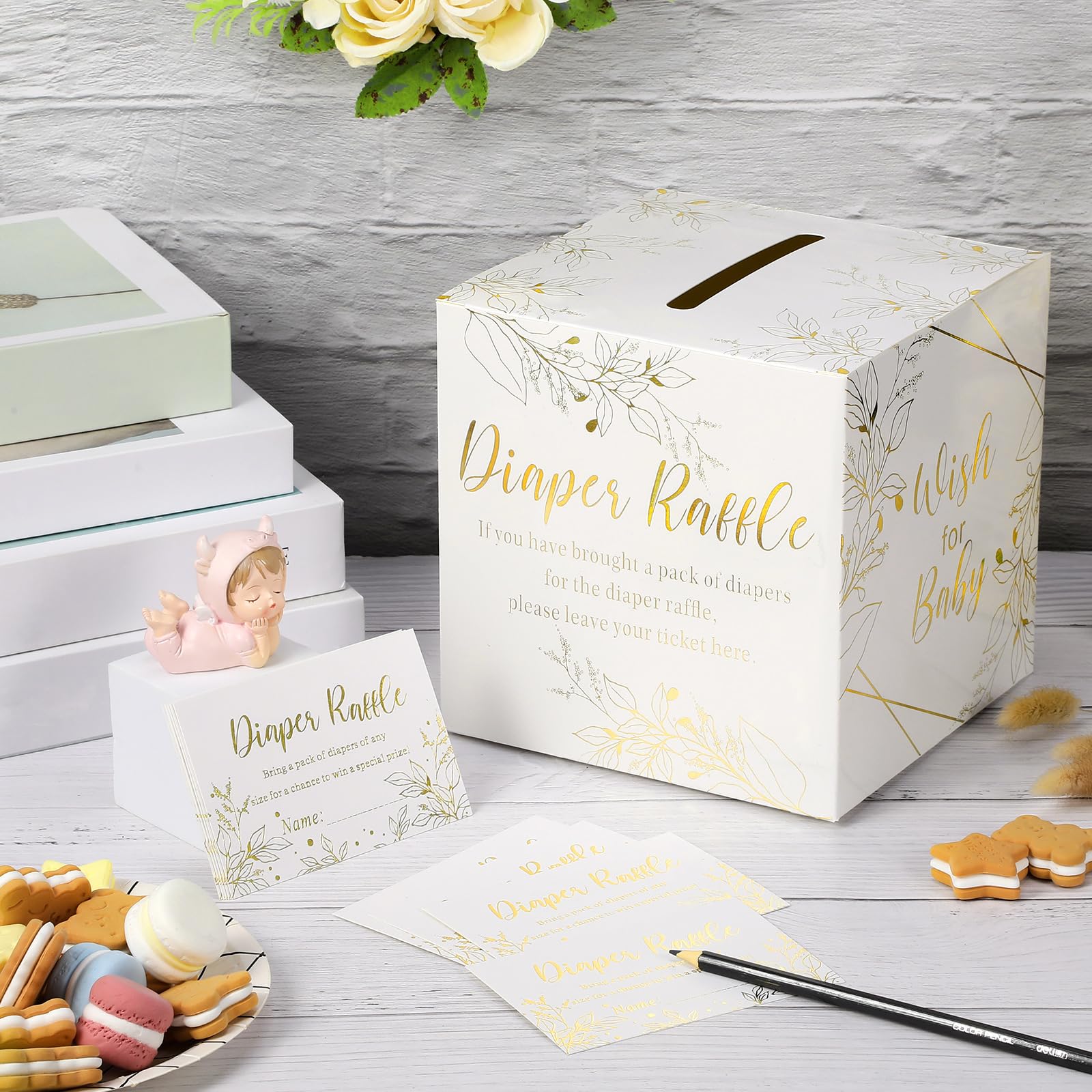 Funrous 51 Pcs Diaper Raffle Tickets with Holder White and Gold Themed Card Box for Baby Shower Party Game Kit Supplies
