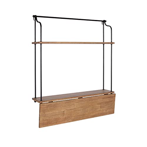 Kate and Laurel Walters Modern Farmhouse Wood and Metal Floating Desk with Folding Drop-Leaf Design, 31x30x14, Rustic Brown/Black