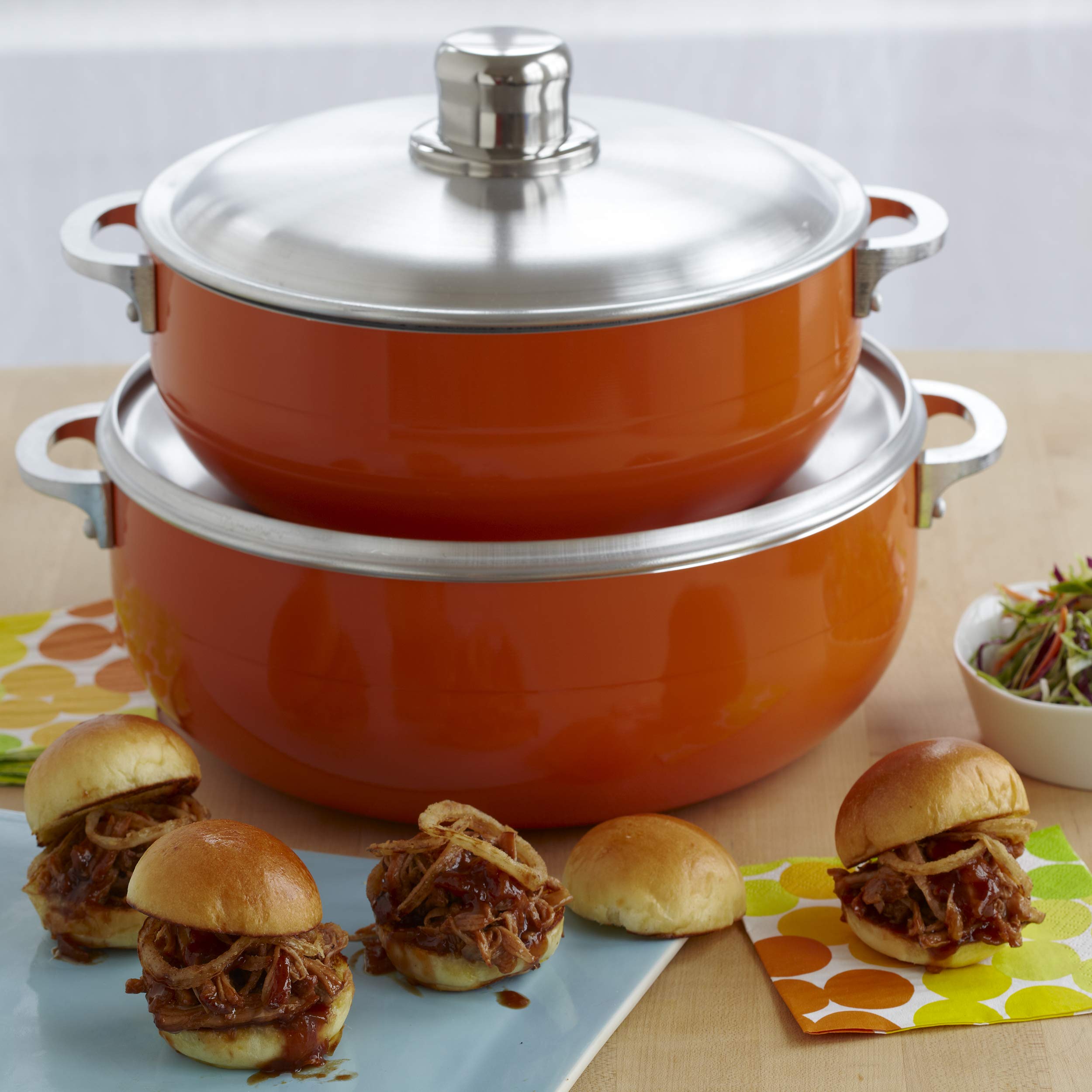 IMUSA USA 2 Piece Orange Caldero (Dutch Oven Set) with Aluminum Lid 4.4Qt, 6.9Qt