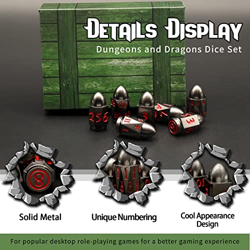 Metal Bullet Dice Set, DND Dice Set Dungeons and Dragons Dice, ZHOORQI D6 Dice Set D&D Dice Gifts for Role Playing Games, Pathfinder, Warhammer 40k or Theme Tabletop Games(7Bullet-Black Red)