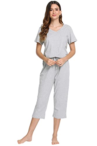 Latuza Women's Cotton Pajamas Set Tops and Capri Pants Sleepwear XL Light Gray