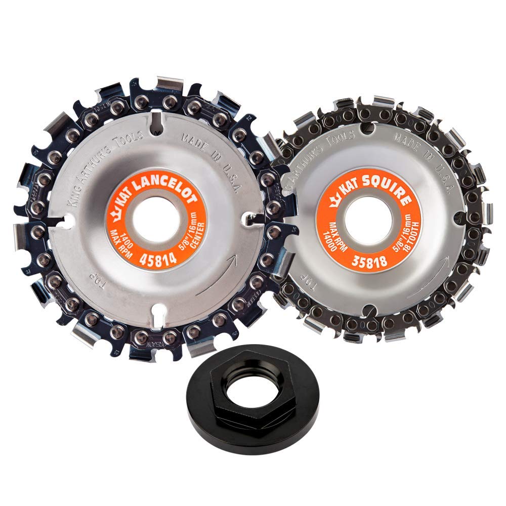King Arthur's Tools Original & Patented Lancelot 14 Tooth & Squire 18 Tooth Tandem Combo with Universal Nut - 4" (100mm) Dia. X 5/8” (16mm) Bore - Fits 4 and 4 1/2" Woodworking Angle Grinder - 71418
