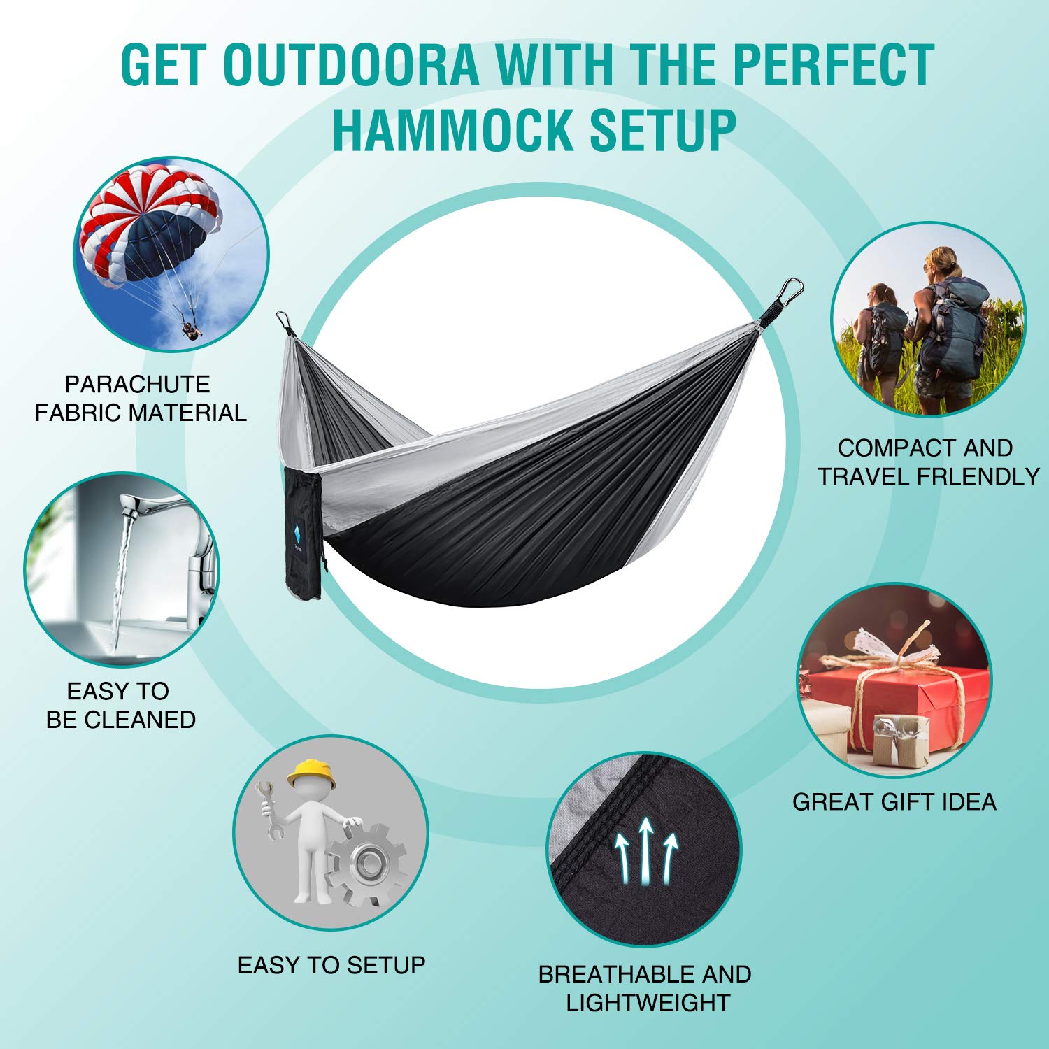 Camping Hammock, Single Hammocks Portable Parachute for Outdoor Hiking Travel Backpacking - 210D Nylon Hammock Swing for Backyard & Garden 55''W*108''L (Black/Gray)