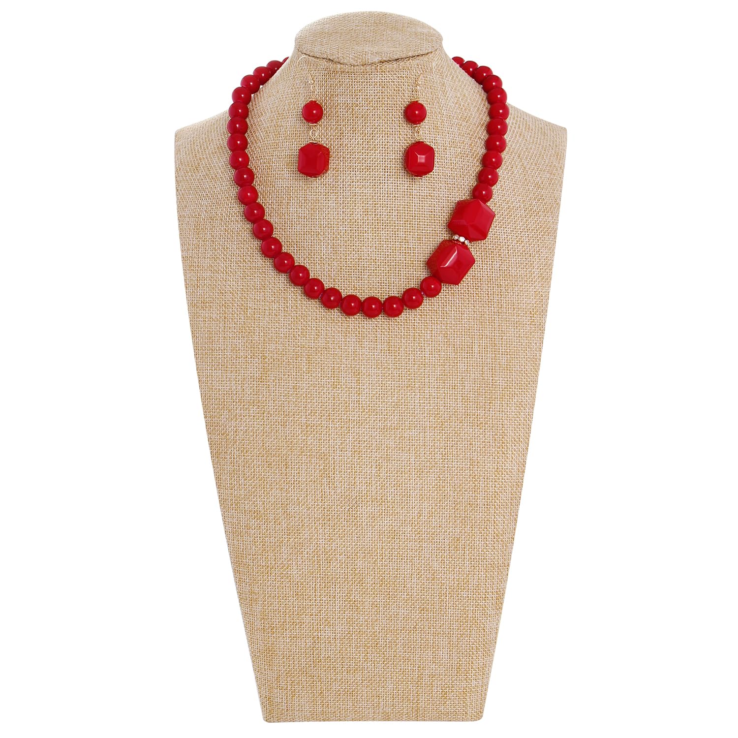Coiris Chunky Acrylic Beads Strand Necklaces Set,Statement Geometric Beads Necklace Earrings,Acrylic African Beaded Necklace for Accessory Jewelry(N0109+ER-Red0