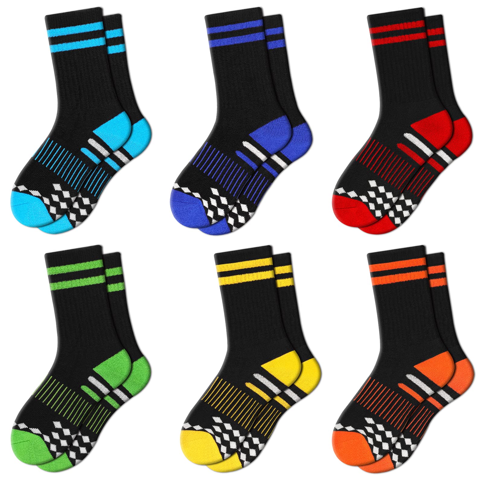 Comfoex Boys Crew Socks 4-6 6-8 8-10 Years Old Athletic Long Socks For Kids Cotton Calf Socks With Cushioned Sole 6 Pairs