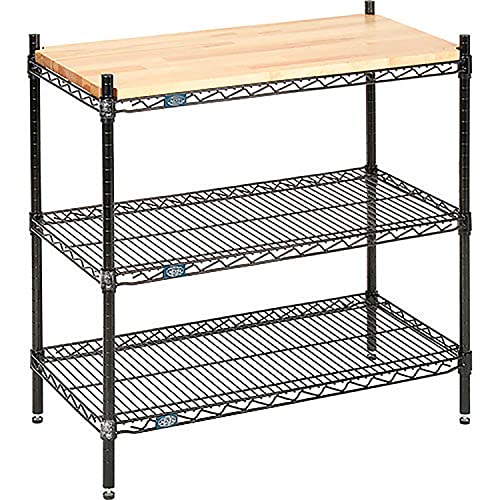 Nexel Wire Display Unit, 24" x 14" x 34", Solid Hardwood Butcher Block Top, 3 Tier Black Epoxy Powder Coat, Adjustable Shelves, 800lb Per Shelf Capacity, Leveling Feet with Glides