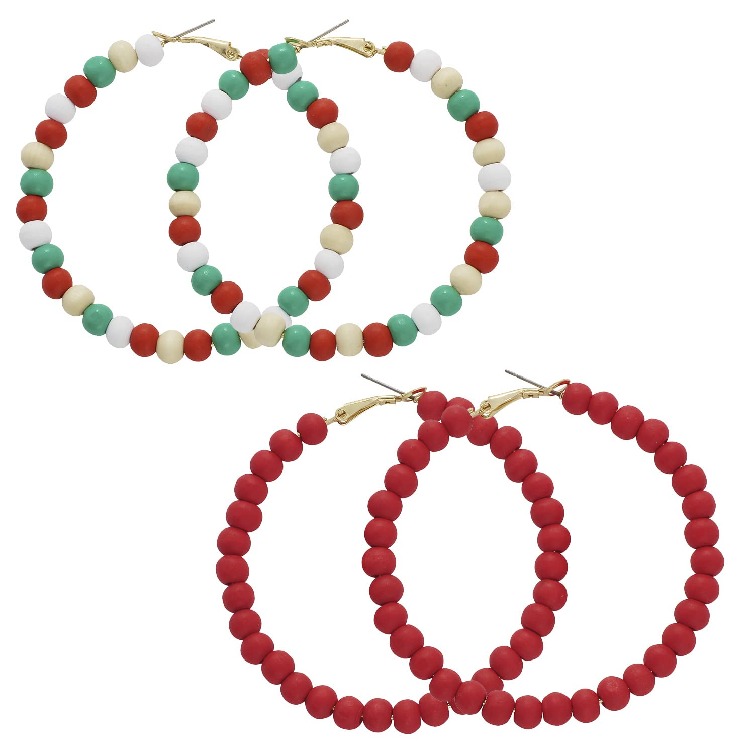 COIRIS Wooden Beaded Hoop Big Earrings Bohemian Circle Round Bead Earrings Circle Drop Dangle Earrings Jewelry For Women (ER1185-Red+Christmas)