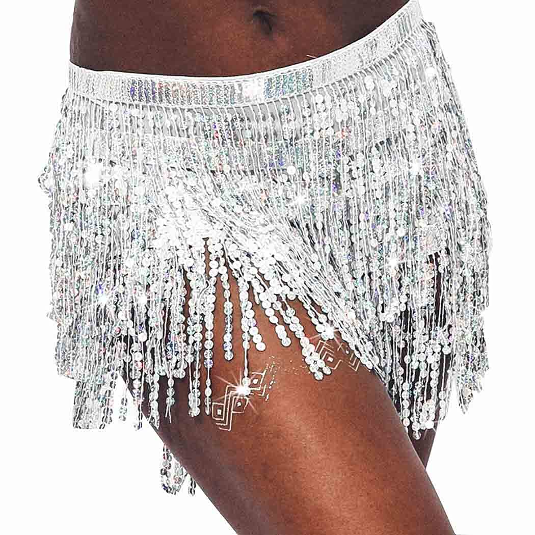 CASDRE Sequin Tassel Dance Skirt Performance Outfits for Women and Girls(Silver)