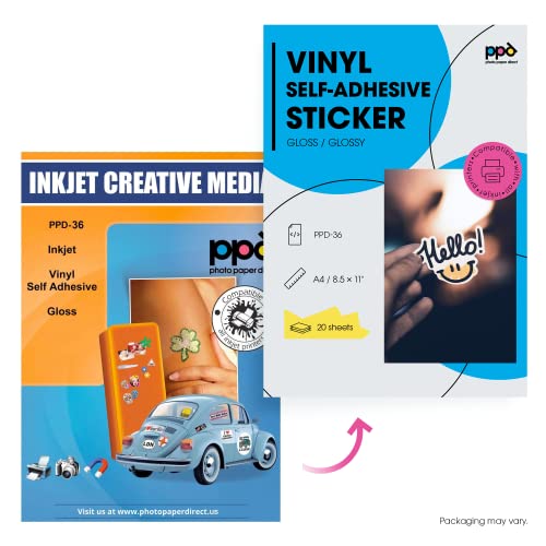 PPD 20 Sheets Inkjet Creative Media Waterproof Glossy Self Adhesive PVC Vinyl Sticker Paper 8.5x11 True Photographic Quality 4.1mil Thin Full Sheet Instant Dry Scratch and Tear Resistant (PPD-36-20)