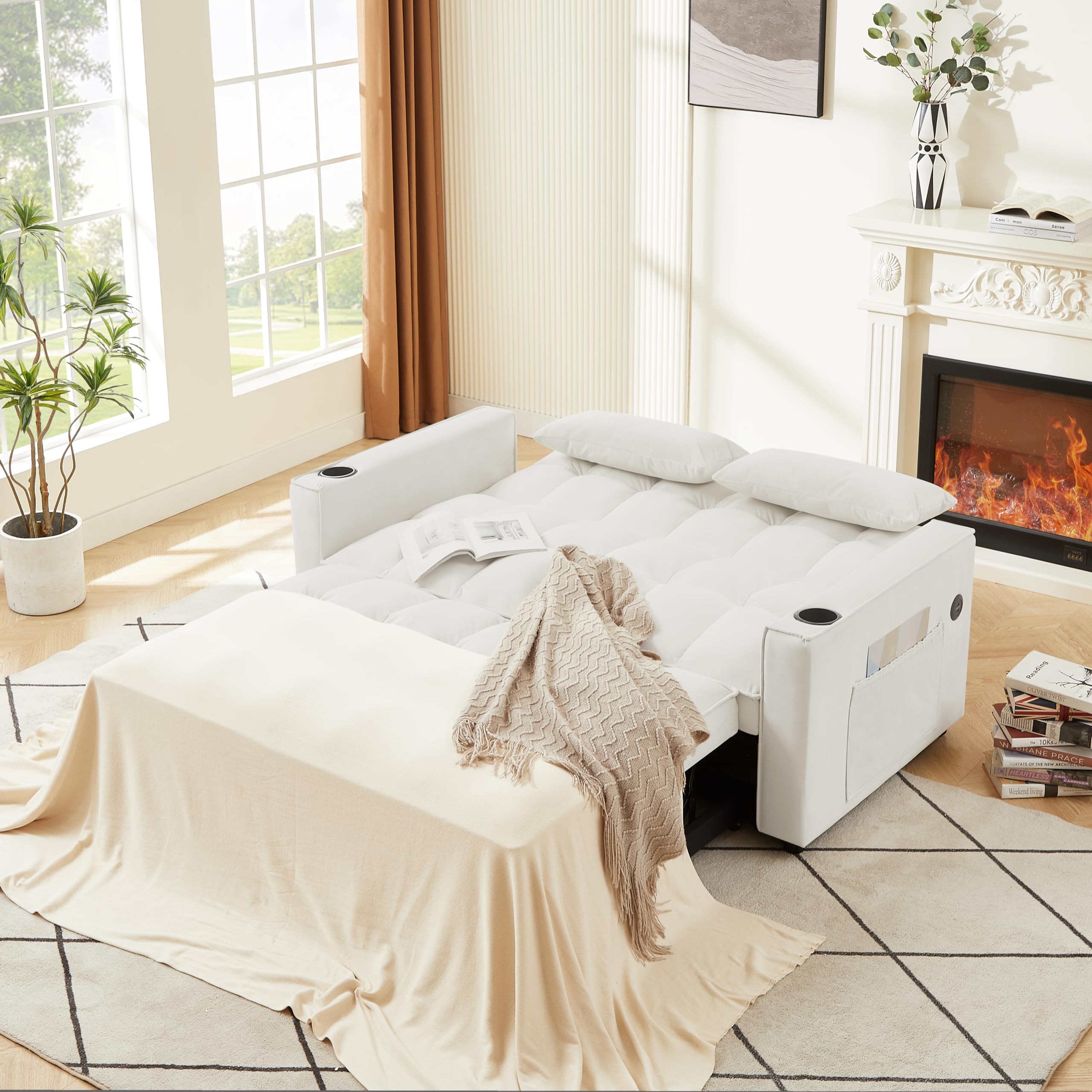 ERYE 3 in 1 Oversized Convertible Sleeper Sofabed,Modern Linen Upholstered Tufted Loveseat Sofa&Couch with Pull Out Sleep Couch Bed(Full Size),USB Charging Ports for Home,Apartment,RV Living Room
