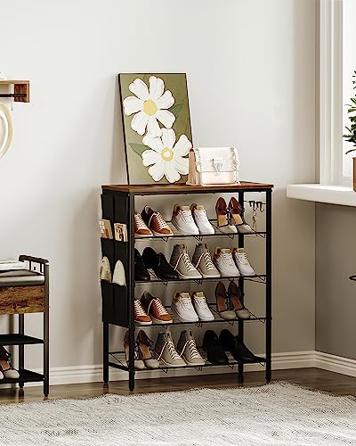 Hzuaneri 5 Tier Shoe Rack, Free Standing Shoe Storage for Entryway, Adjustable Shoe Organizer Shelves with 1 Side Pocket and 2 Hooks, Steel, Industrial, Rustic Brown and Black SR04101B